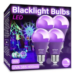 mfxmf 4 pack a19 led black light bulbs,9w (100w equivalent) e26 base dimmable black lights, uva level 385-400nm, halloween light bulbs，glow in the dark，fluorescent poster, body paint,neon glow party