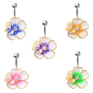 5 - assorted set 14 gauge 3/8 inch 316l surgical steel barbell belly button navel rings dangles butterfly hibiscus cz flower b630 color yellow purple blue pink green