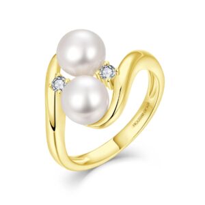 jo wisdom pearl ring,925 sterling silver cubic zirconia gold women's rings with two pearls 7mm white freshwater cultured pearl ring size 9