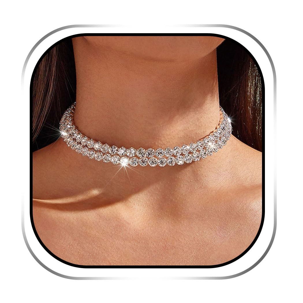 JONKY Rhinestone Choker Necklace Silver Chokers Crystal Layered Necklaces Sparkly Prom Party Collar Neck Jewelry for Women