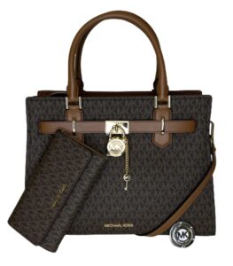 michael michael kors hamilton md satchel bundled with trifold wallet and purse hook (signature mk brown)