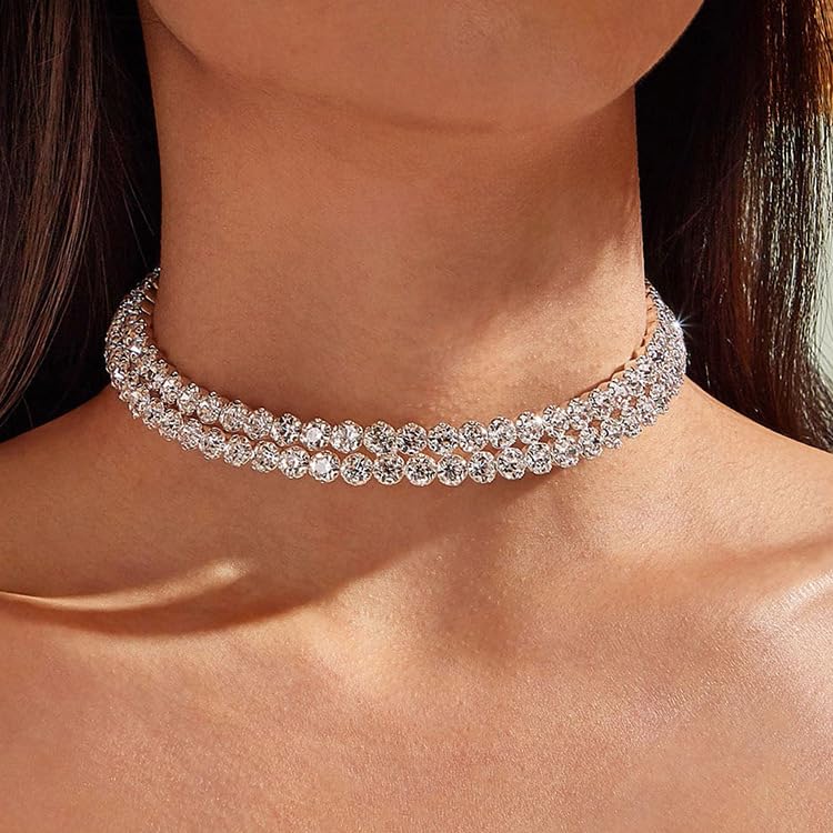 JONKY Rhinestone Choker Necklace Silver Chokers Crystal Layered Necklaces Sparkly Prom Party Collar Neck Jewelry for Women