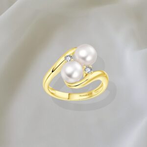 JO WISDOM Pearl Ring,925 Sterling Silver Cubic Zirconia Gold Women's Rings with Two Pearls 7mm White Freshwater Cultured Pearl Ring size 7