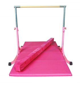 athletic bar expandable gymnastics kip bar set with balance beam, 6'x4' mat for kids, horizontal bar junior gymnastic training exercise gymnast home gym adjustable 3 to 5 ft fiberglass rail (pink)