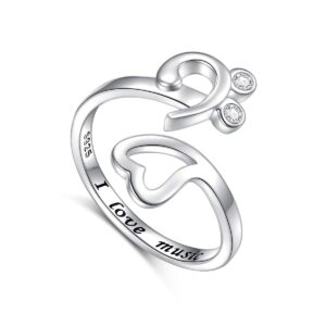 i love music ring 925 sterling silver cubic zirconia musical note heart charm adjustable open ring gift for women music lover, 9