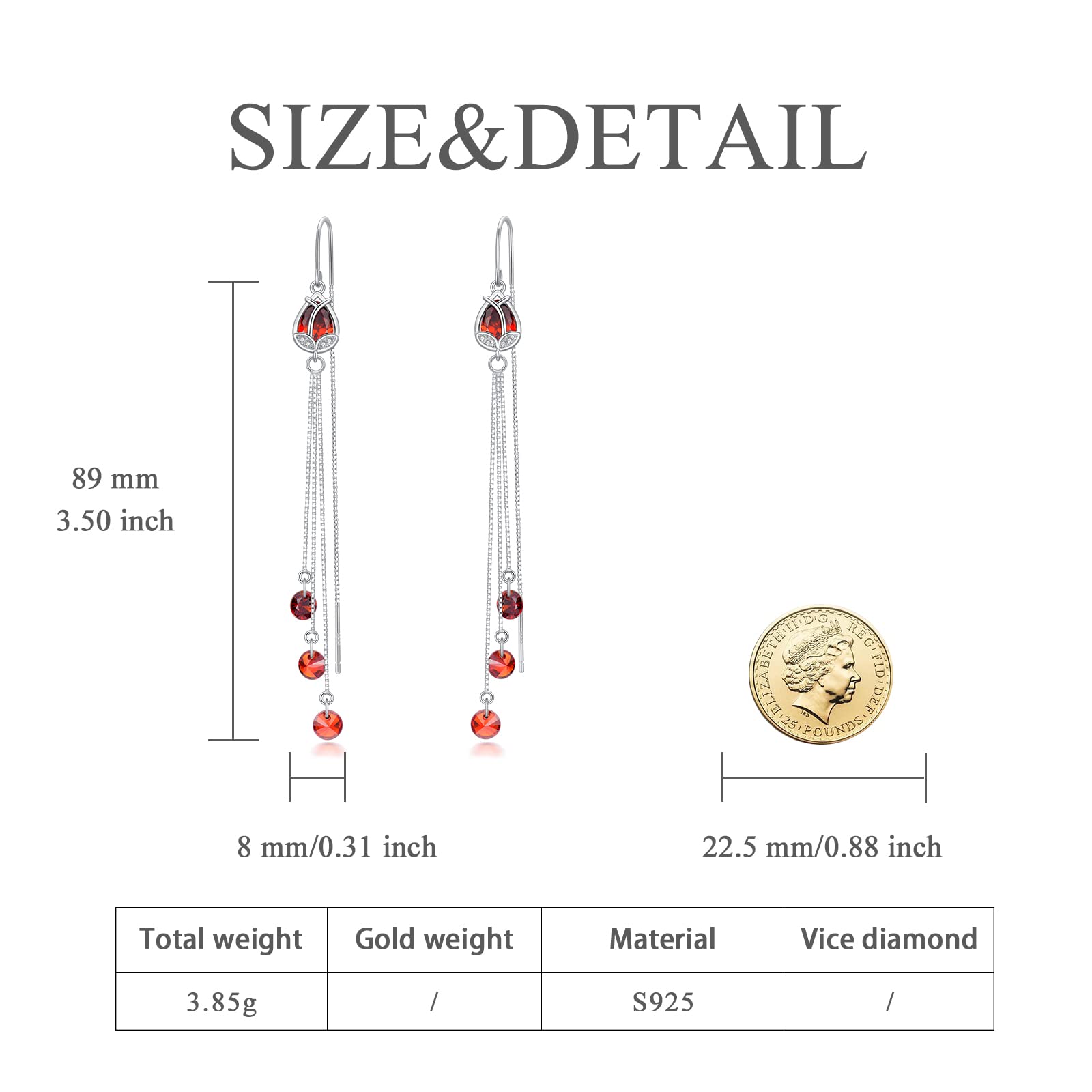 Sterling Silver Threader Earrings with Rose Flower Teardrop Cubic Zirconia Tassel Dangle Drop Long Charm Earrings for Women