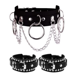 tosmifairy 3pcs ring choker and bracelets set goth jewelry for women ladies black leather collar cuff cosplay accessories costume