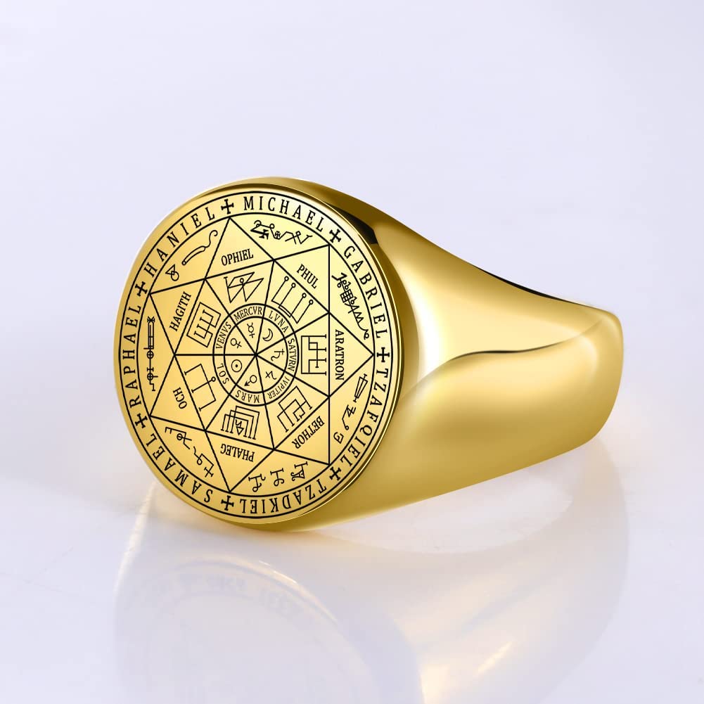 Amaxer Seven Archangels Ring for Men Stainless Steel The Seal Of Solomon Tetragrammaton Archangels Protection Ring Statement Band for Men Women (Gold, 12)