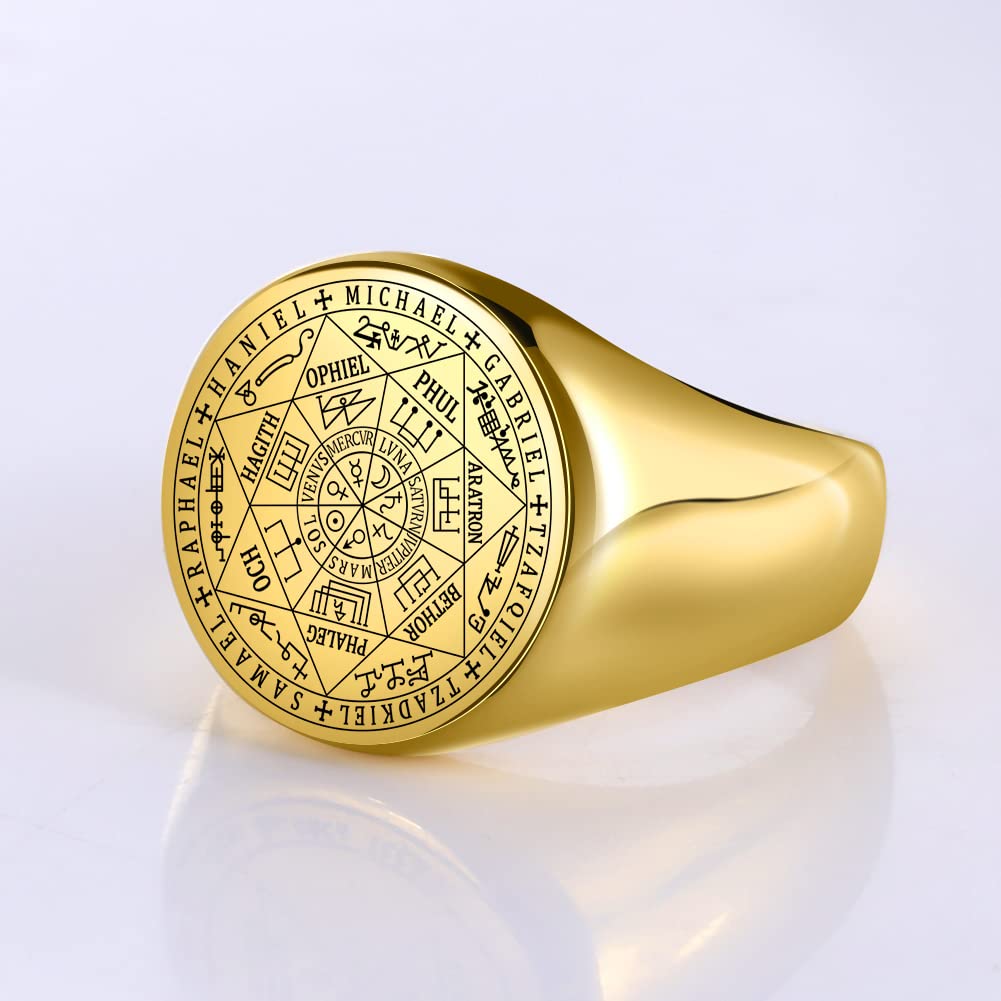 Amaxer Seven Archangels Ring for Men Stainless Steel The Seal Of Solomon Tetragrammaton Archangels Protection Ring Statement Band for Men Women (Gold, 12)