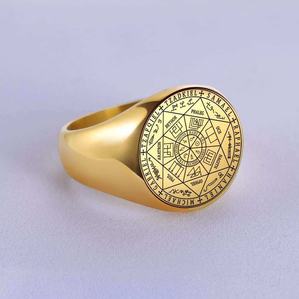 Amaxer Seven Archangels Ring for Men Stainless Steel The Seal Of Solomon Tetragrammaton Archangels Protection Ring Statement Band for Men Women (Gold, 12)