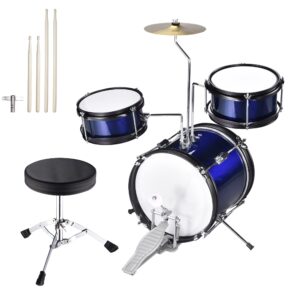 aw 12" 3 piece drum set kit with bass drum cymbal 4pcs drumstick pedal throne stool age 8-12 kids beginner drum set