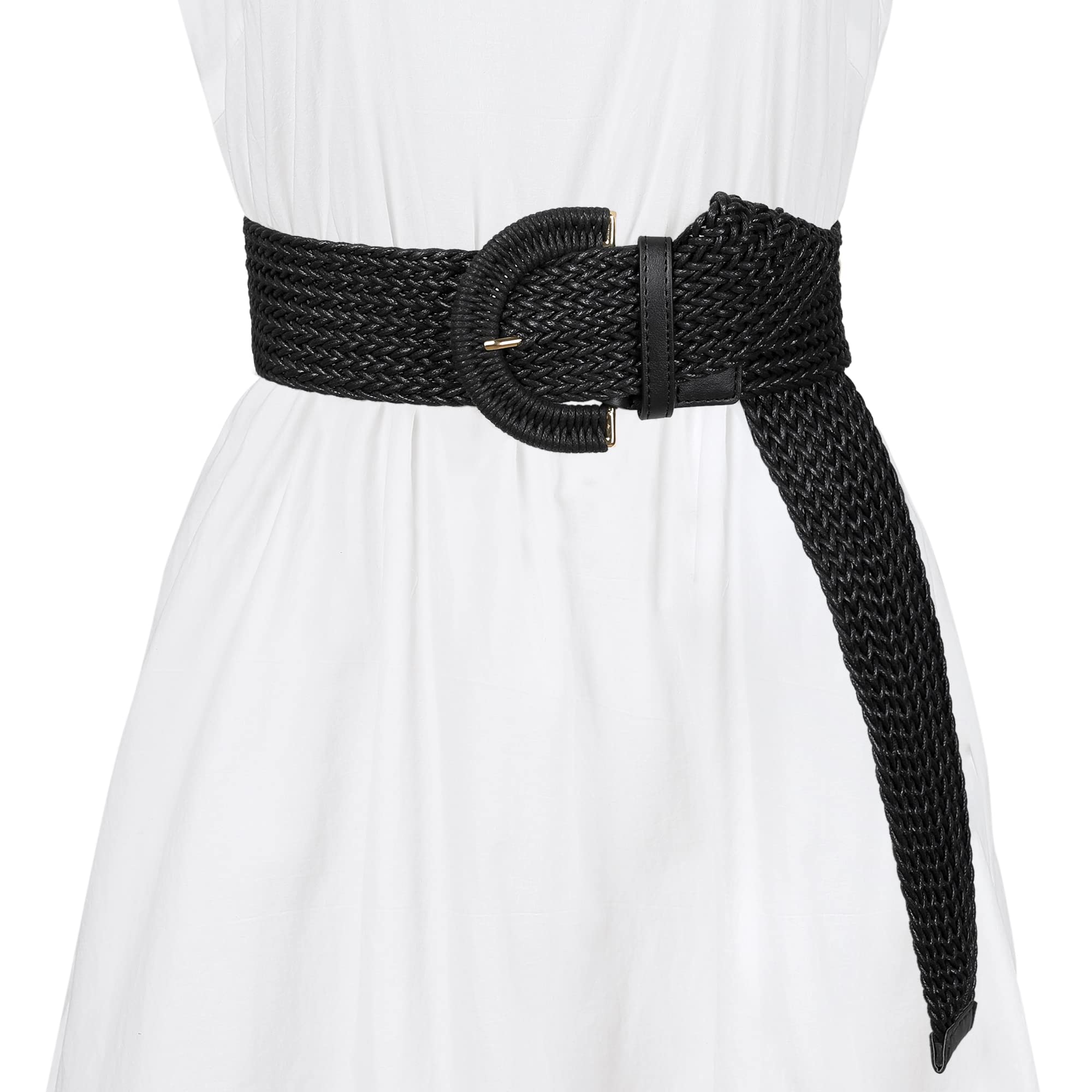 Allegra K Womens Wide Woven Waist Belts Braided Belts for Dress Chunky Buckle 60-90cm/23.62-35.43" Black