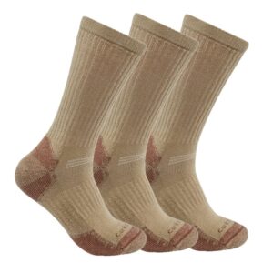 carhartt men's midweight cotton blend sock 3 pack, khaki, medium