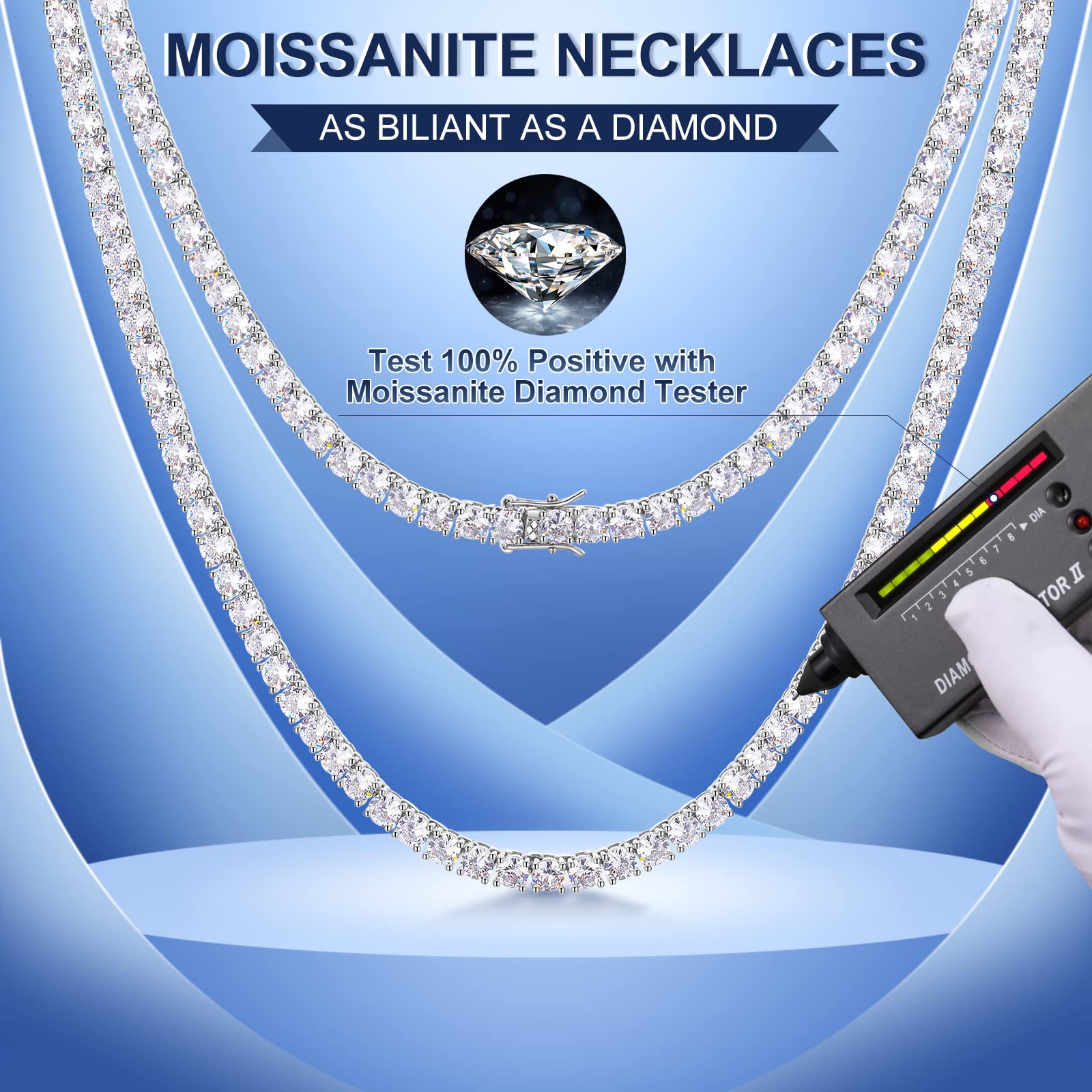 TUHE Moissanite Tennis Necklace 29.1 Carats 97 Pcs Lab Created Diamond Necklace for Men 18K White Gold Plated S925 Sterling Silver Women Necklace 4mm D Color Moissanite Necklace Thanksgiving Gift