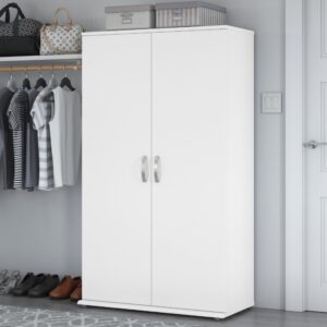 bush business furniture universal tall clothing storage cabinet with doors and shelves, white