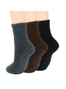 century star non slip fuzzy socks with grips for men warm cozy socks fluffy socks athletic socks for christmas 3 pairs coffee navy black(non-slip) one size