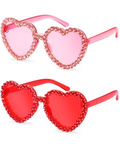 toodoo 2 pairs rhinestone heart sunglasses heart shape rimless sunglasses for women transparent heart glasses (pink, red)