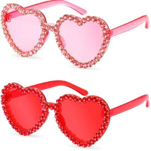 TOODOO 2 Pairs Rhinestone Heart Sunglasses Heart Shape Rimless Sunglasses for Women Transparent Heart Glasses (Pink, Red)