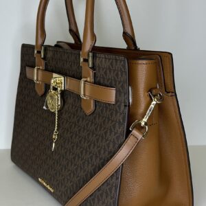 MICHAEL Michael Kors Hamilton MD Satchel bundled with Trifold Wallet and Purse Hook (Signature MK Brown)