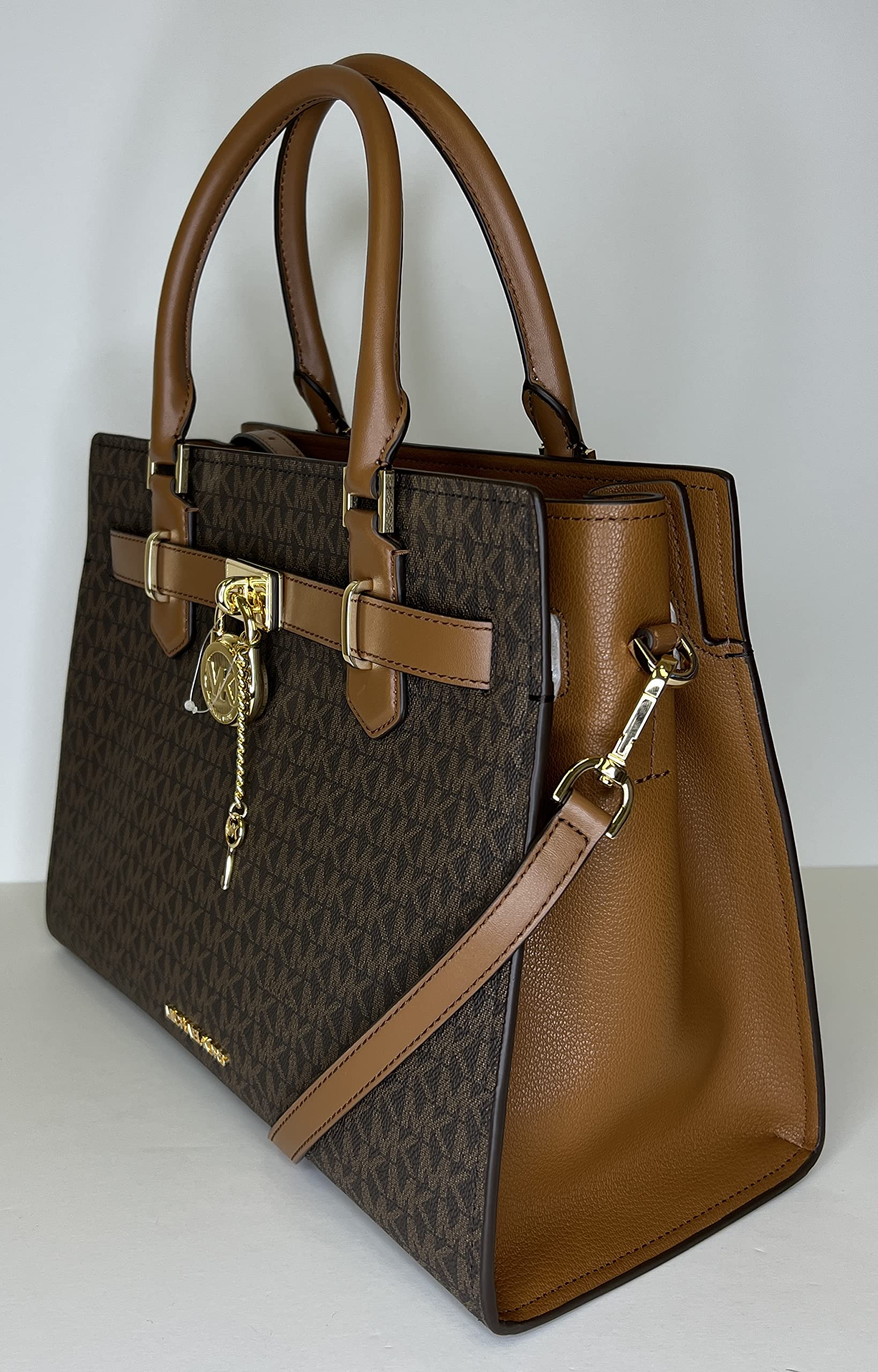 MICHAEL Michael Kors Hamilton MD Satchel bundled with Trifold Wallet and Purse Hook (Signature MK Brown)