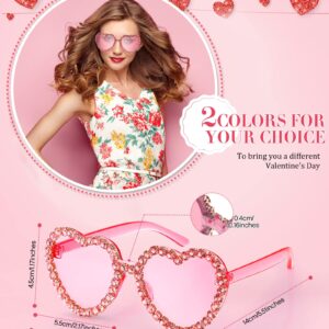 TOODOO 2 Pairs Rhinestone Heart Sunglasses Heart Shape Rimless Sunglasses for Women Transparent Heart Glasses (Pink, Red)