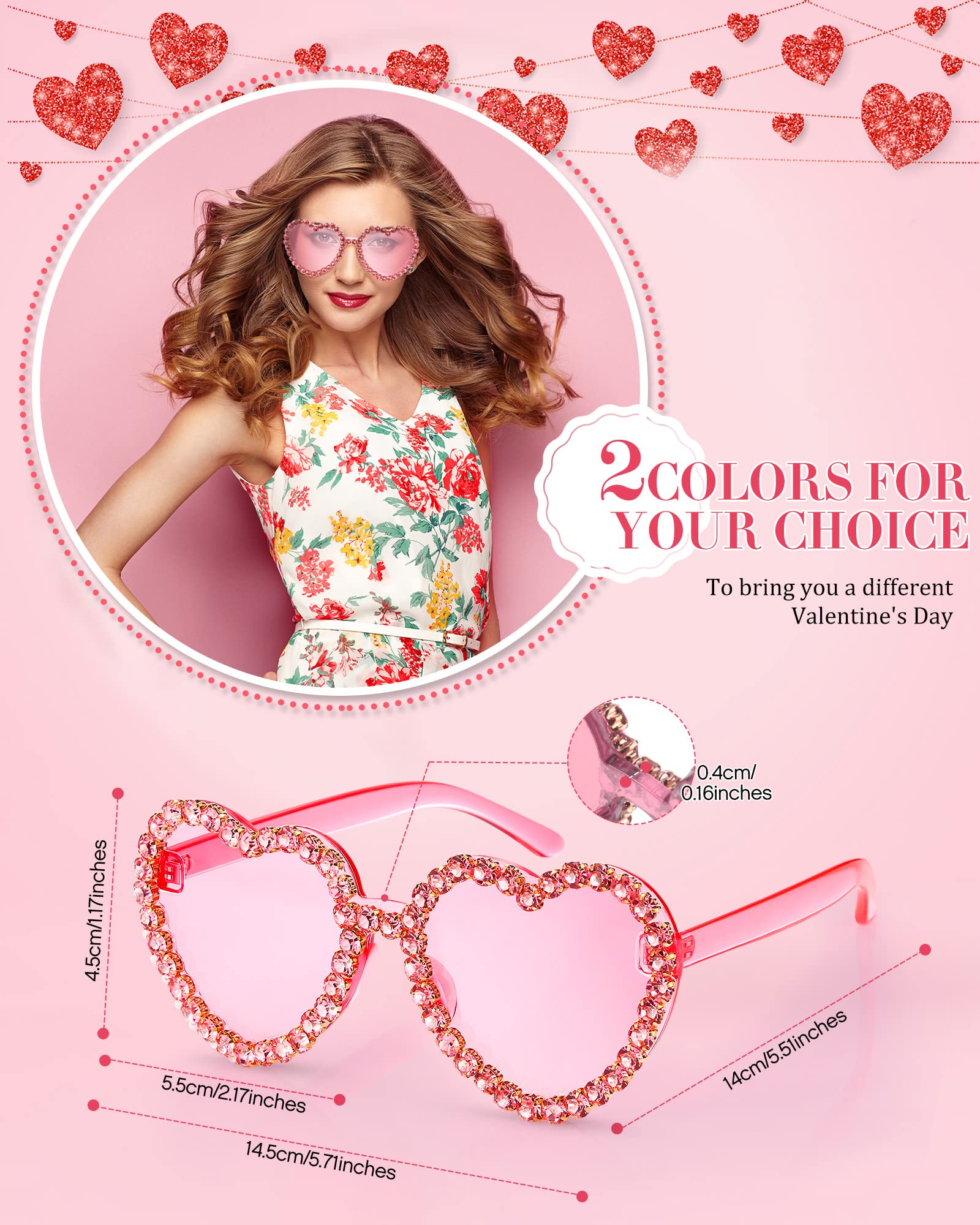 TOODOO 2 Pairs Rhinestone Heart Sunglasses Heart Shape Rimless Sunglasses for Women Transparent Heart Glasses (Pink, Red)