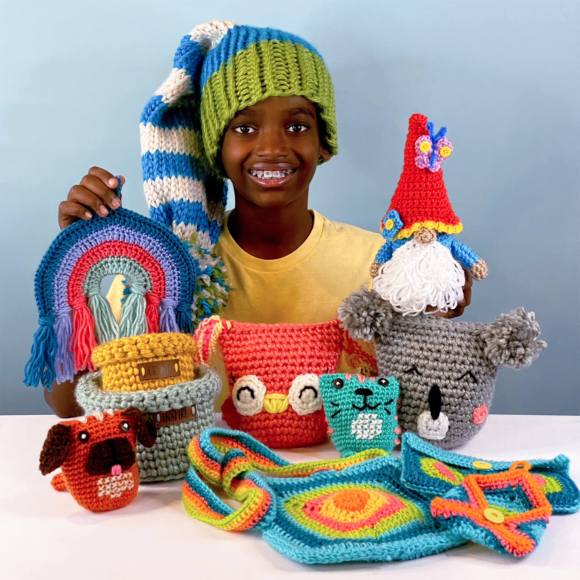 Simplicity 43-40023 Jonah's Hands DIY Hat Beginners Crochet Kit for Kids and Adults, Finished Project 7.5" x 26", Multicolor 7 Piece