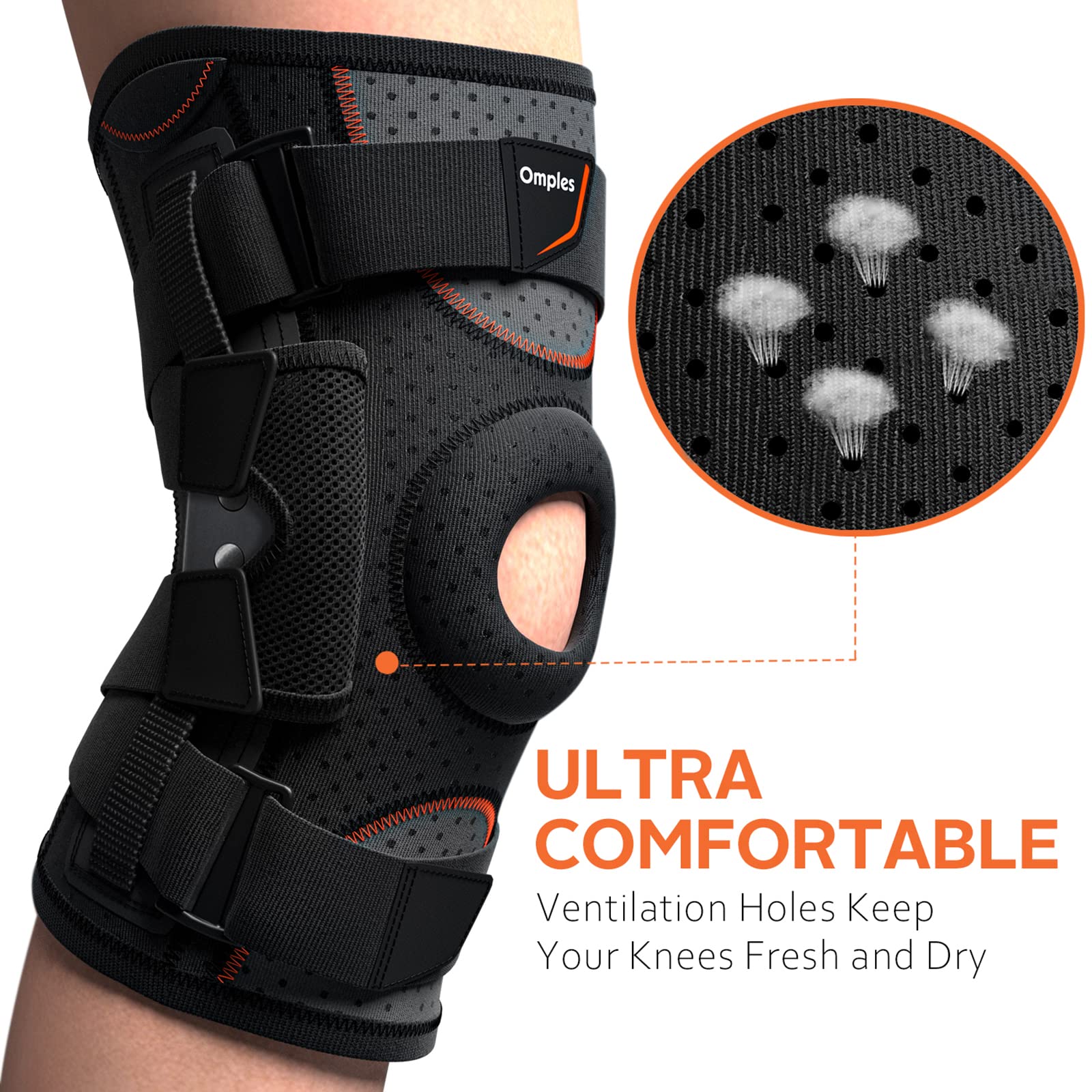 Omples Hinged Knee Brace for Knee Pain, Meniscus Tear Knee Support with Side Stabilizers for Men and Women Patella Knee Brace for Arthritis Pain Running Working Out Black (XX-Large)