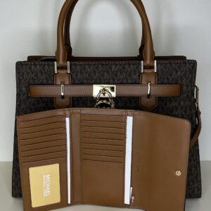 MICHAEL Michael Kors Hamilton MD Satchel bundled with Trifold Wallet and Purse Hook (Signature MK Brown)