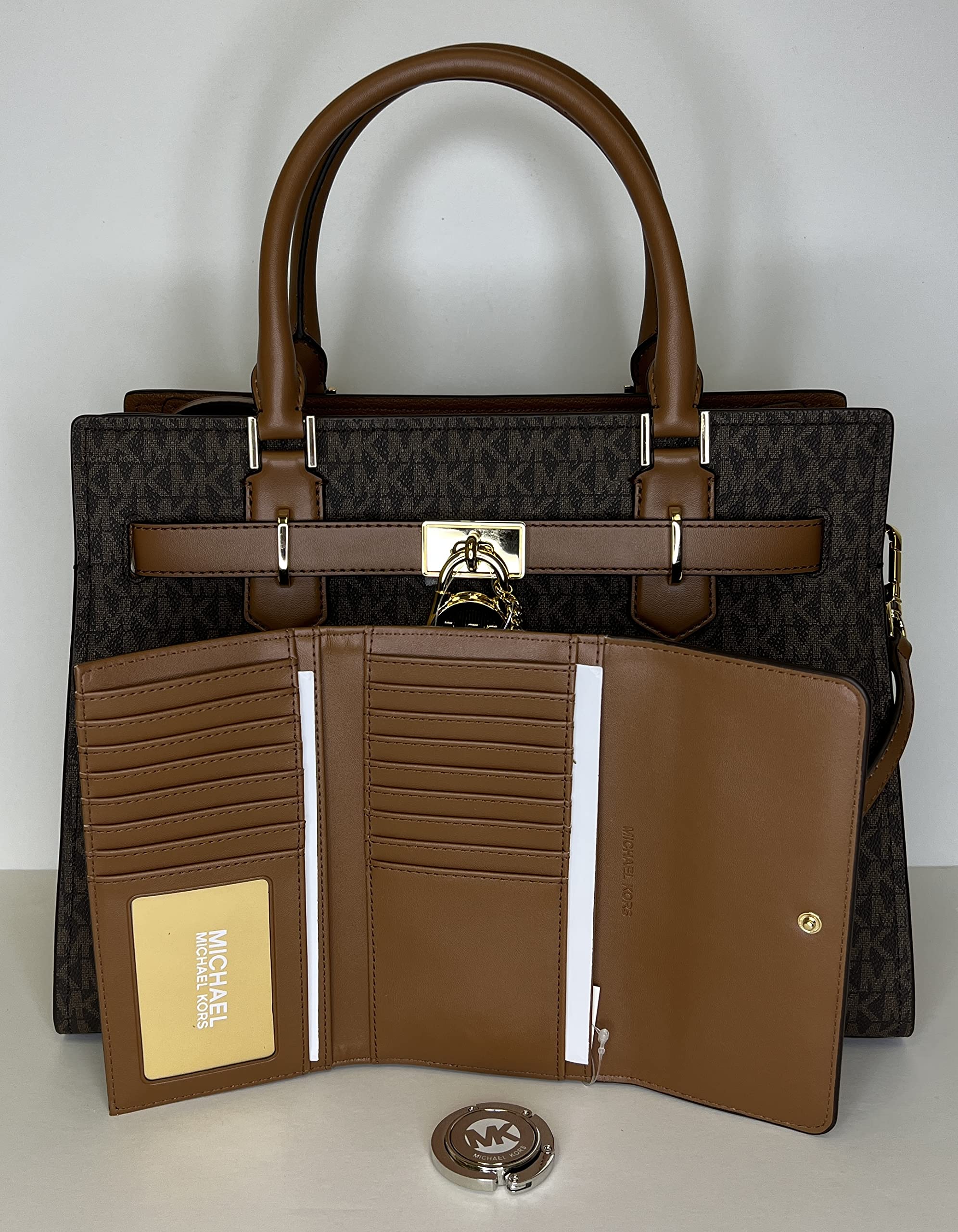 MICHAEL Michael Kors Hamilton MD Satchel bundled with Trifold Wallet and Purse Hook (Signature MK Brown)