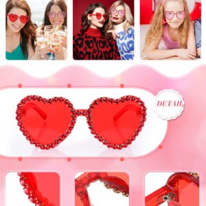 TOODOO 2 Pairs Rhinestone Heart Sunglasses Heart Shape Rimless Sunglasses for Women Transparent Heart Glasses (Pink, Red)