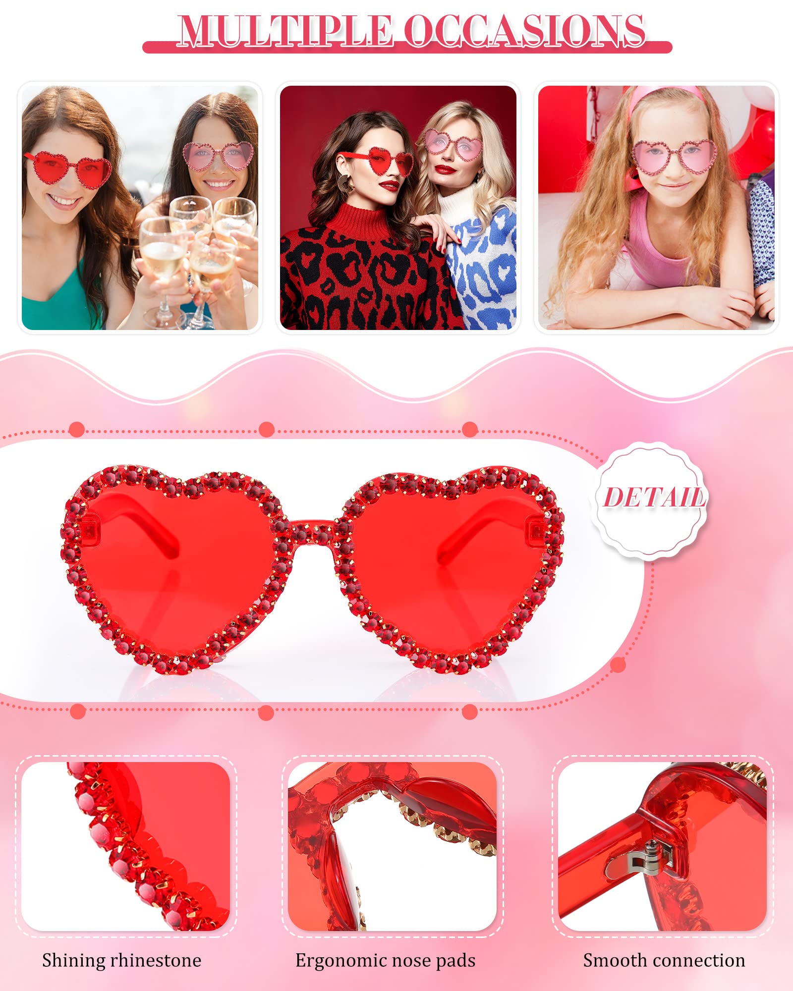 TOODOO 2 Pairs Rhinestone Heart Sunglasses Heart Shape Rimless Sunglasses for Women Transparent Heart Glasses (Pink, Red)