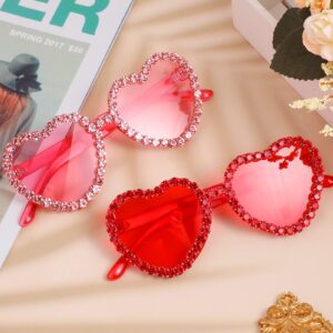 TOODOO 2 Pairs Rhinestone Heart Sunglasses Heart Shape Rimless Sunglasses for Women Transparent Heart Glasses (Pink, Red)