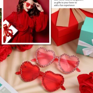 TOODOO 2 Pairs Rhinestone Heart Sunglasses Heart Shape Rimless Sunglasses for Women Transparent Heart Glasses (Pink, Red)