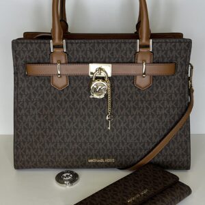 MICHAEL Michael Kors Hamilton MD Satchel bundled with Trifold Wallet and Purse Hook (Signature MK Brown)