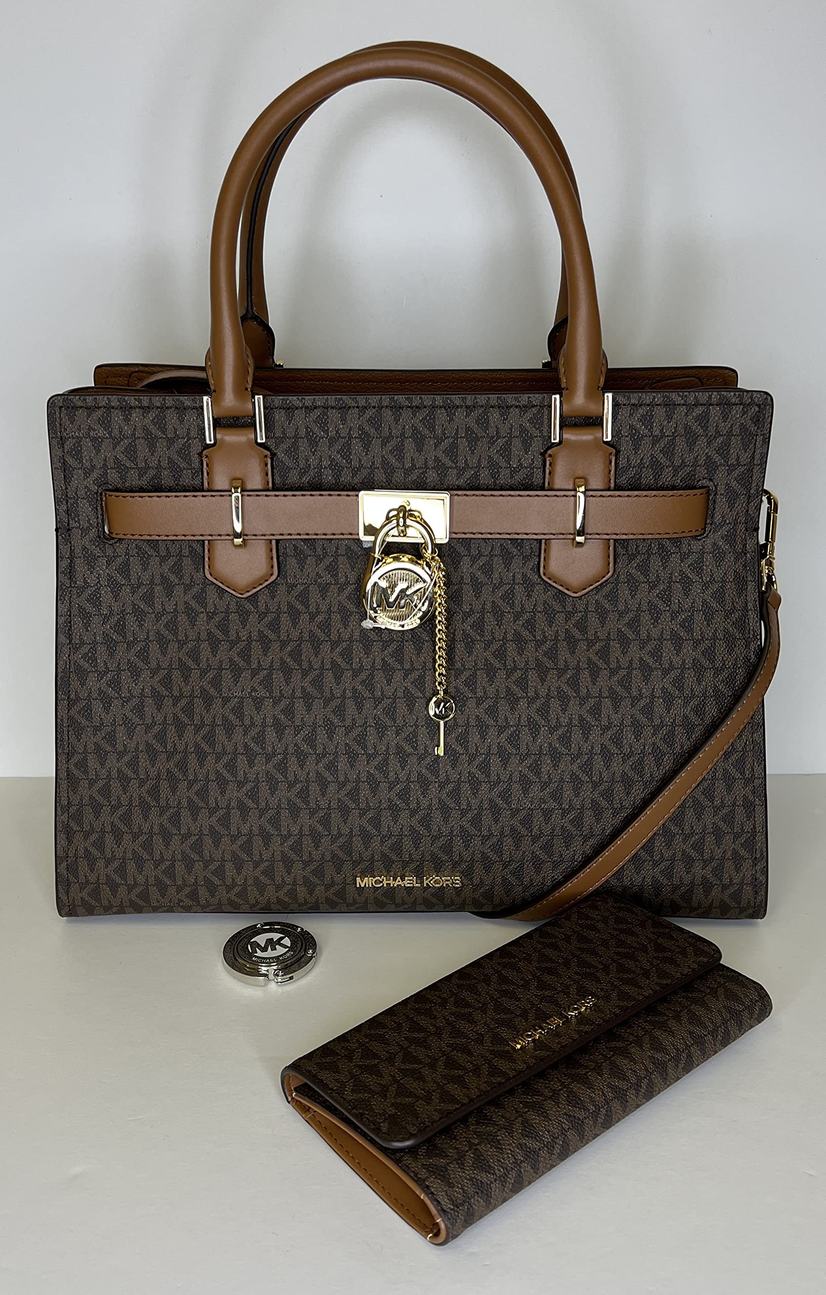 MICHAEL Michael Kors Hamilton MD Satchel bundled with Trifold Wallet and Purse Hook (Signature MK Brown)