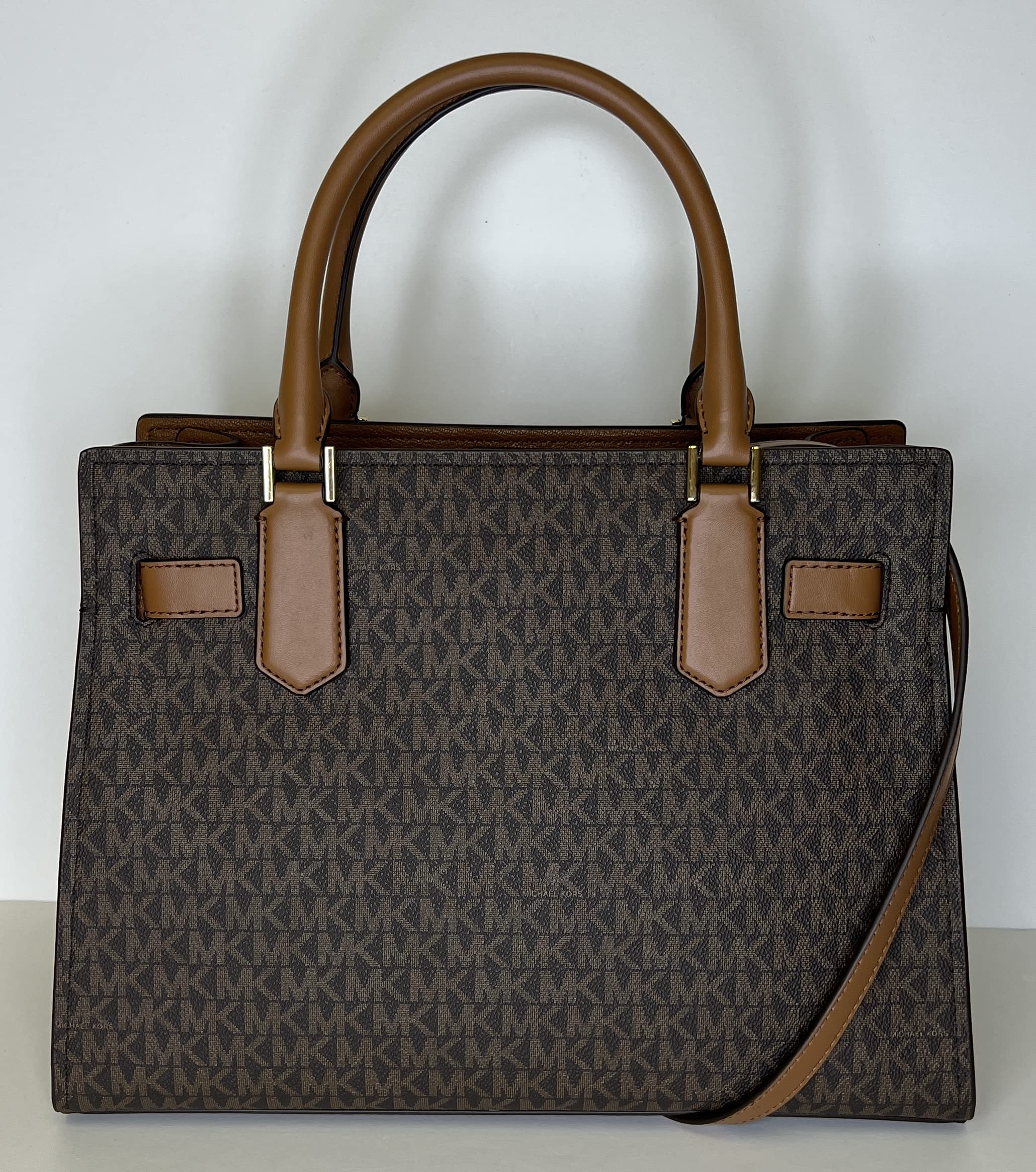 MICHAEL Michael Kors Hamilton MD Satchel bundled with Trifold Wallet and Purse Hook (Signature MK Brown)