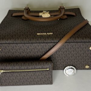 MICHAEL Michael Kors Hamilton MD Satchel bundled with Trifold Wallet and Purse Hook (Signature MK Brown)