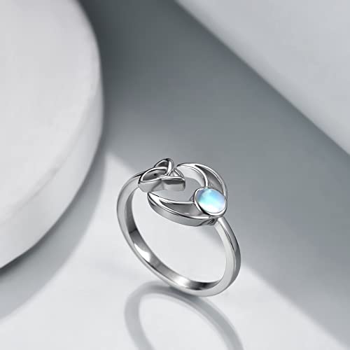 TIGER RIDER Trinity Celtic Knot Moon Ring Sterling Silver Crescent Moon Moonstone Ring Open Adjustable Rings Jewelry Gift for Women