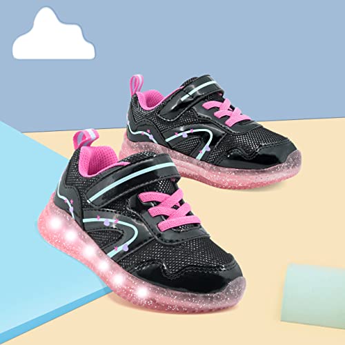 SKYWHEEL Black Hook and Loop Toddler Shoes Size 11 Girls Light up Breathable Led Tennis Little Kids Sneakers (Black Size 11)