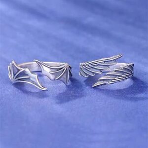 Mansheng Matching Rings for Couple Best Friends Personality Angel Devil Wing Open Adjustable Rings Promise Rings for Her Him Wing Shaped Hugging Protection Jewelry