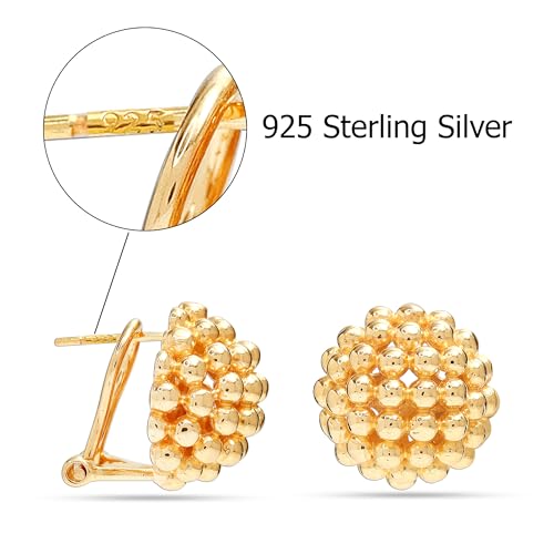 LeCalla 925 Sterling Silver Omega Back Earrings Jewelry Medium Large 14K Gold Plated Crossover Round Beaded Omega Clip Back Stud Earring for Women - 15MM