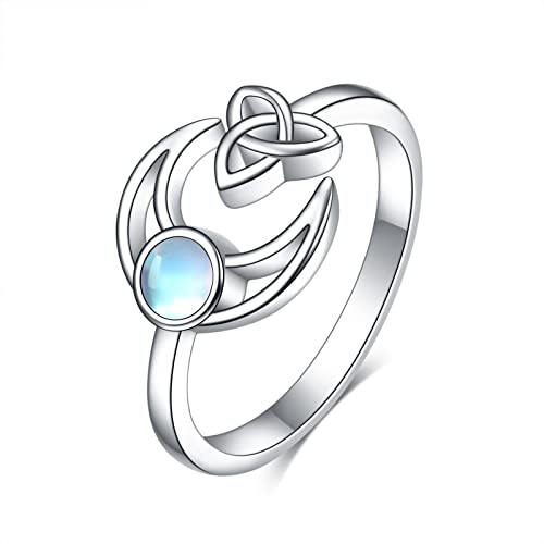 TIGER RIDER Trinity Celtic Knot Moon Ring Sterling Silver Crescent Moon Moonstone Ring Open Adjustable Rings Jewelry Gift for Women