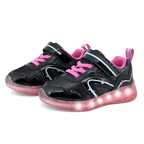 SKYWHEEL Black Hook and Loop Toddler Shoes Size 11 Girls Light up Breathable Led Tennis Little Kids Sneakers (Black Size 11)