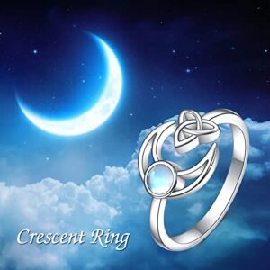 TIGER RIDER Trinity Celtic Knot Moon Ring Sterling Silver Crescent Moon Moonstone Ring Open Adjustable Rings Jewelry Gift for Women