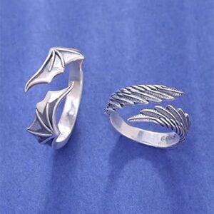 Mansheng Matching Rings for Couple Best Friends Personality Angel Devil Wing Open Adjustable Rings Promise Rings for Her Him Wing Shaped Hugging Protection Jewelry