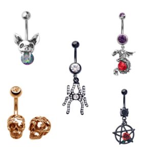 5 - assorted set 14 gauge 3/8 inch 316l surgical steel barbell belly button navel rings dangles goth black spider gold ip cracked skull red dragon rose & pentagram alien vampire b632