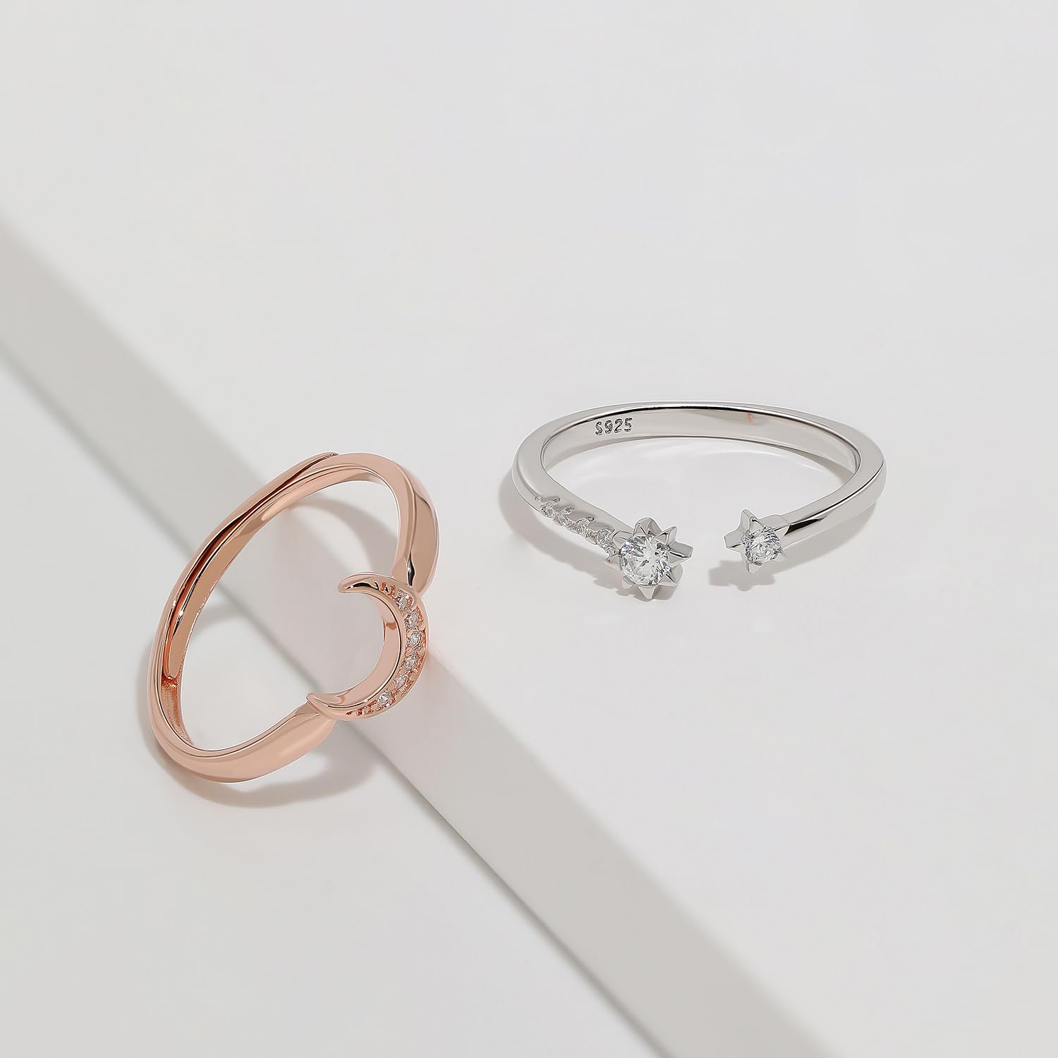 Meissa Celestial Moon and Star Ring Set Matching Promise Ring Gold Plated Stackable Ring Friendship Rings Handmade Sterling Silver Jewelry Gift for Women Teen Girls