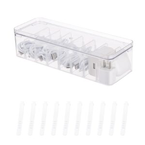 yesesion clear plastic cable organizer box with adjustment compartments, desk accessories storage case with lid and 10 wire ties for drawer, office, art supply, electronic management