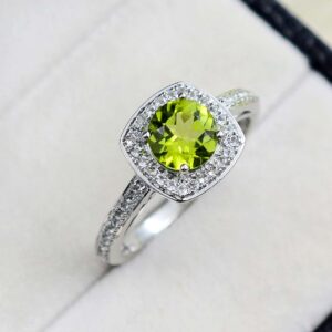 Natural Yellow Peridot 7 MM Round Cut August Birthstone Gemstone 925 Sterling Silver Solitaire Unisex Proposal Ring For Wedding Gift (Rhodium Plated Silver, 6.5)